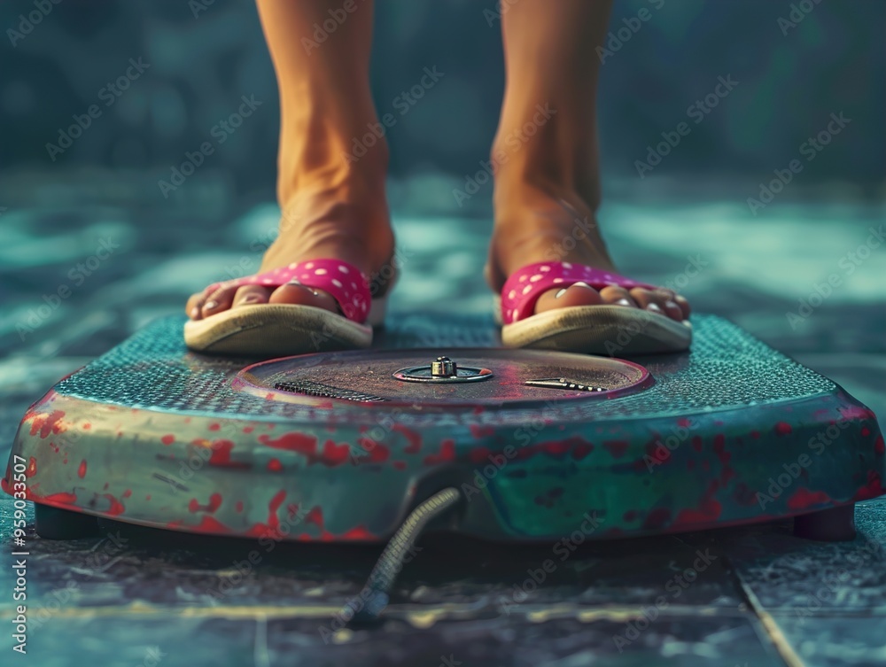 Woman's feet standing on an old, rusty scale. Stock Illustration ...