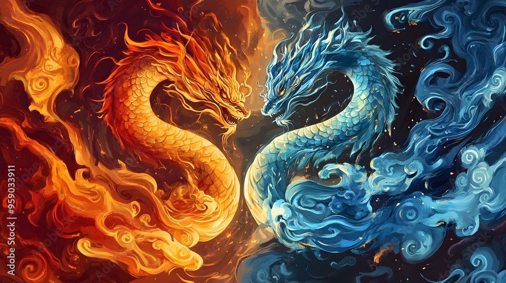 Chinese Zodiac Dragon with Fire and Water: A dragon intertwined with ...