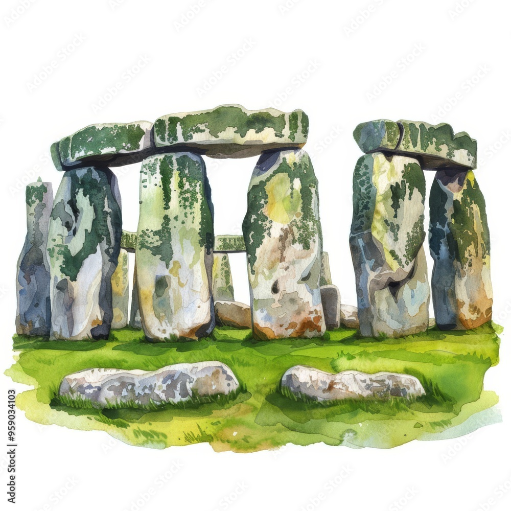 Watercolor painting of Stonehenge, showcasing ancient stone monoliths ...