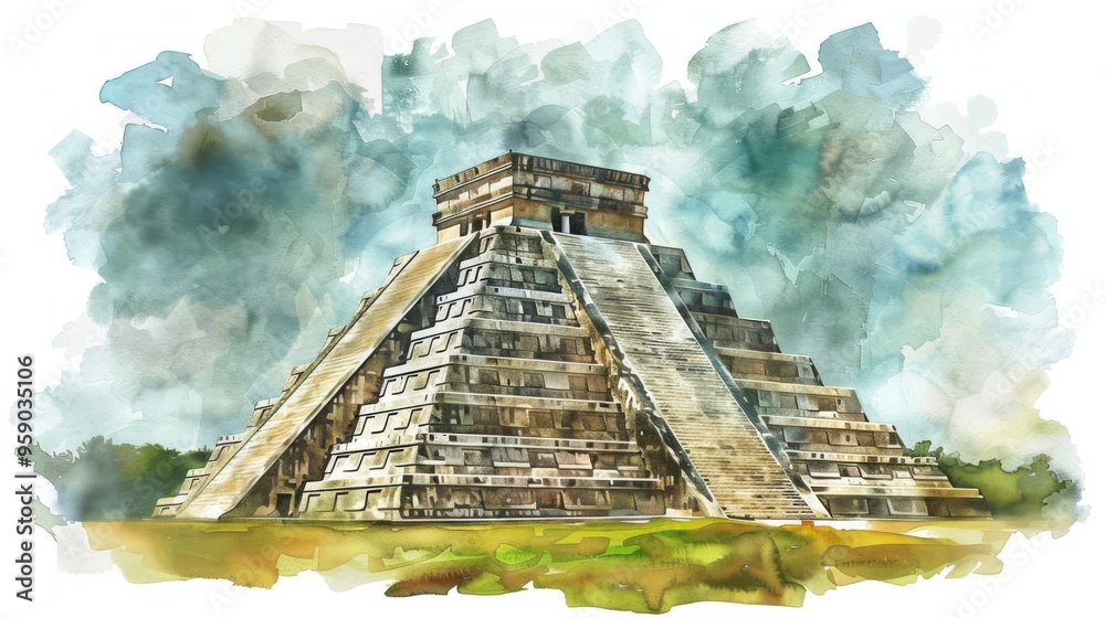Watercolor painting of the ancient Mayan pyramid, Chichen Itza, against ...