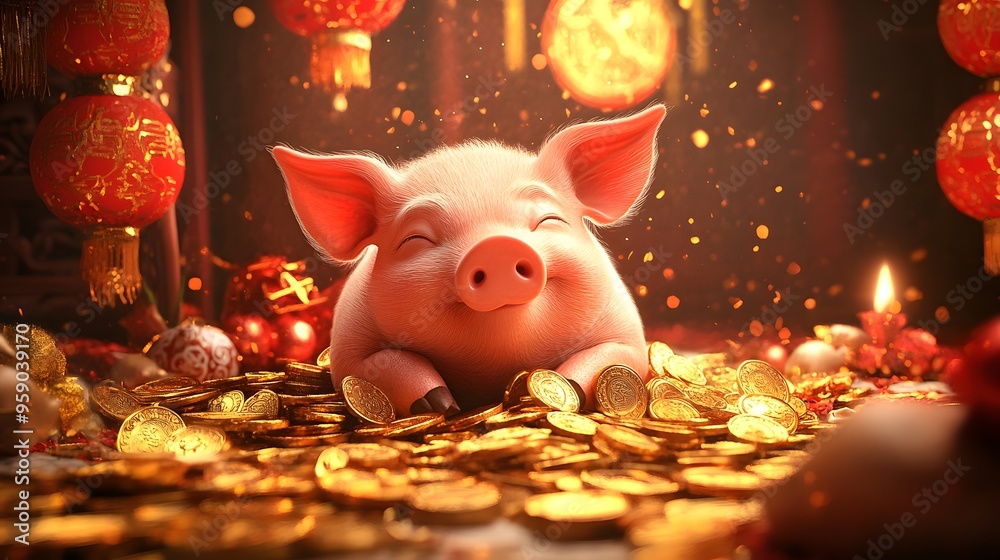 Chinese Zodiac Pig with Gold Coins: A pig surrounded by gold coins and ...