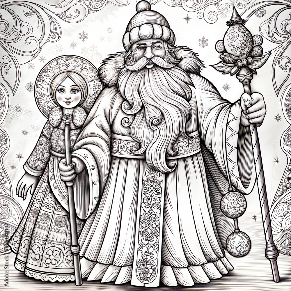 Ded Moroz and Snegurochka Coloring Page with Intricate Details for ...