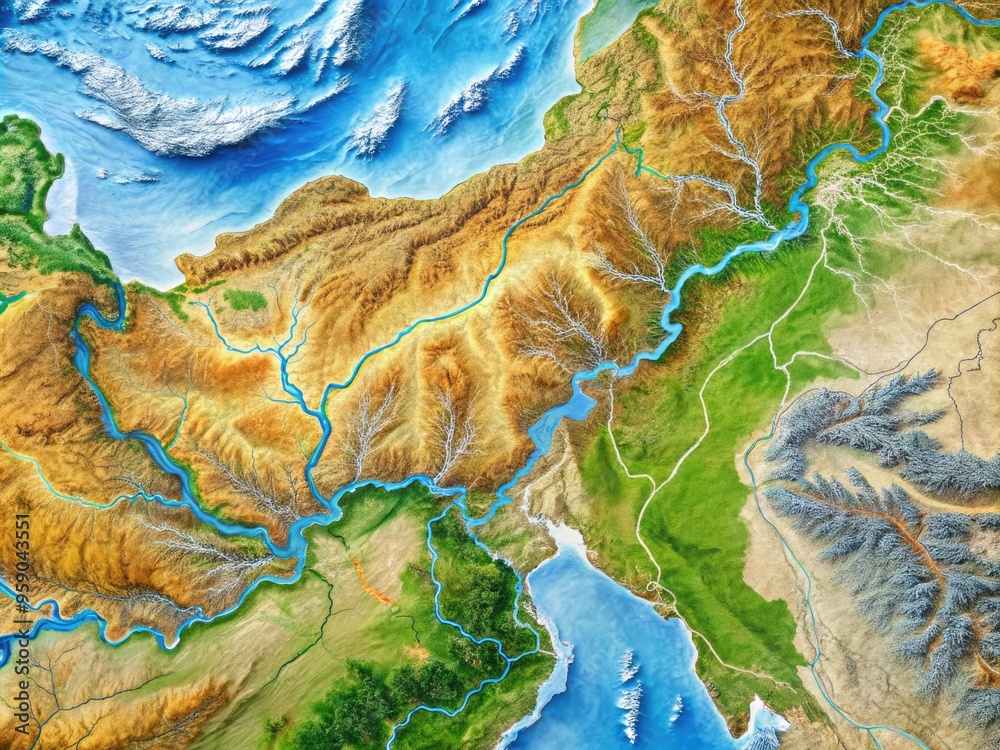 Vibrant illustrative map of Afghanistan's river network, showcasing the ...