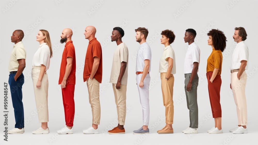A diverse group of individuals stands in a straight line, each ...
