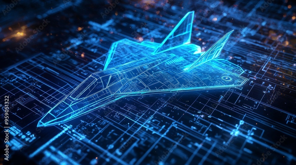 Abstract futuristic fighter jet with glowing blue lines on a digital ...