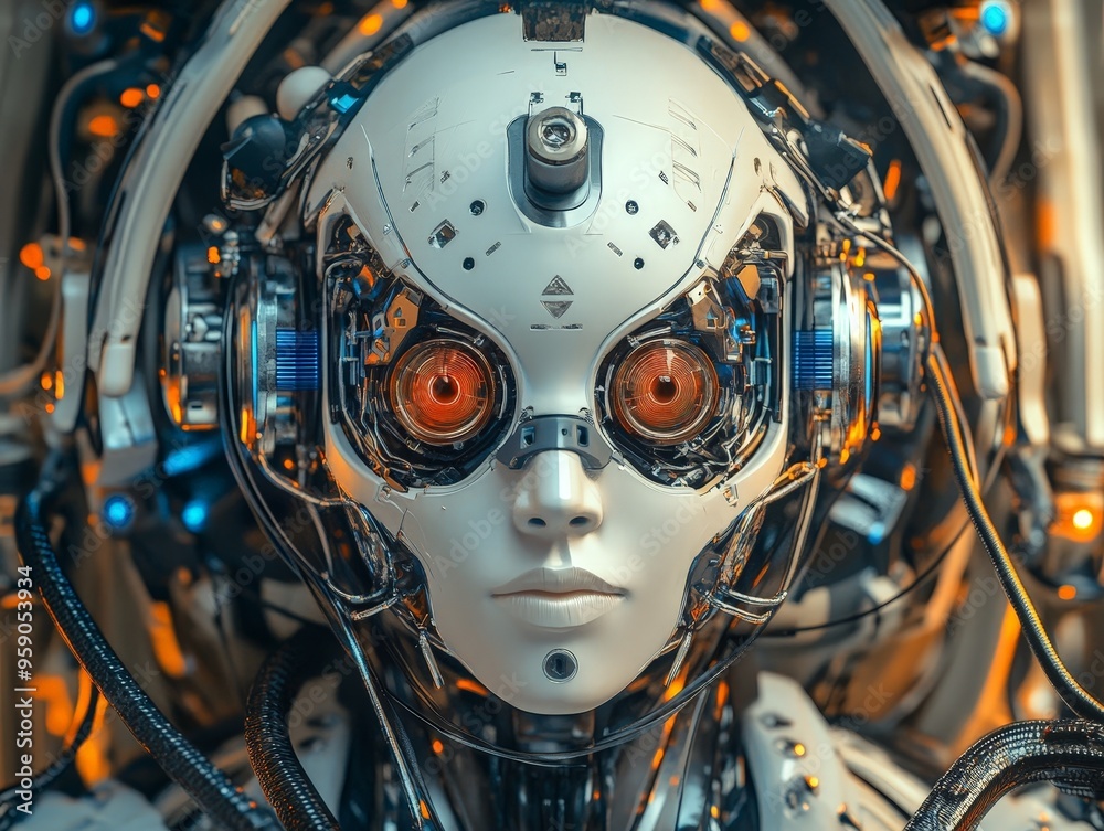 Closeup of a robotic face with glowing orange eyes and intricate ...