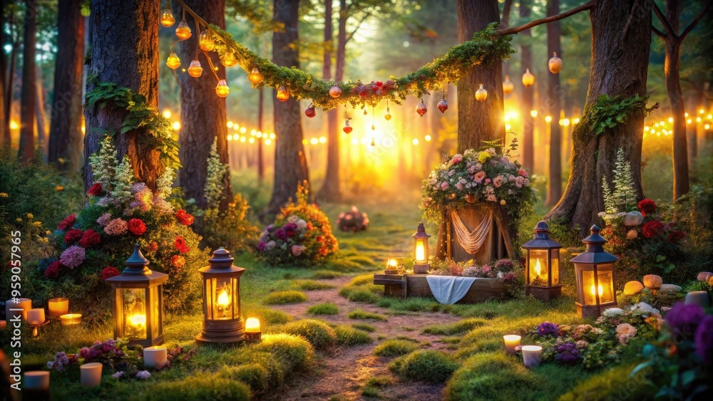 Vibrant Sunset Illuminates Ancient Forest Clearing Filled with ...