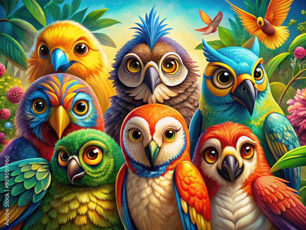 Vibrant, whimsical cartoon illustrations of various bird species ...