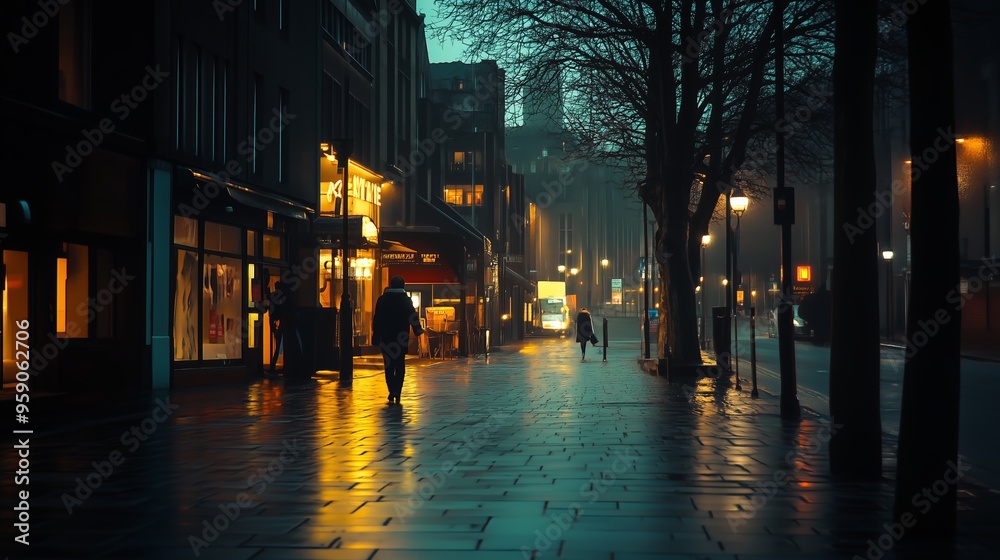 Quiet urban street captures the serene atmosphere of a rainy evening in the city, illuminated by ...