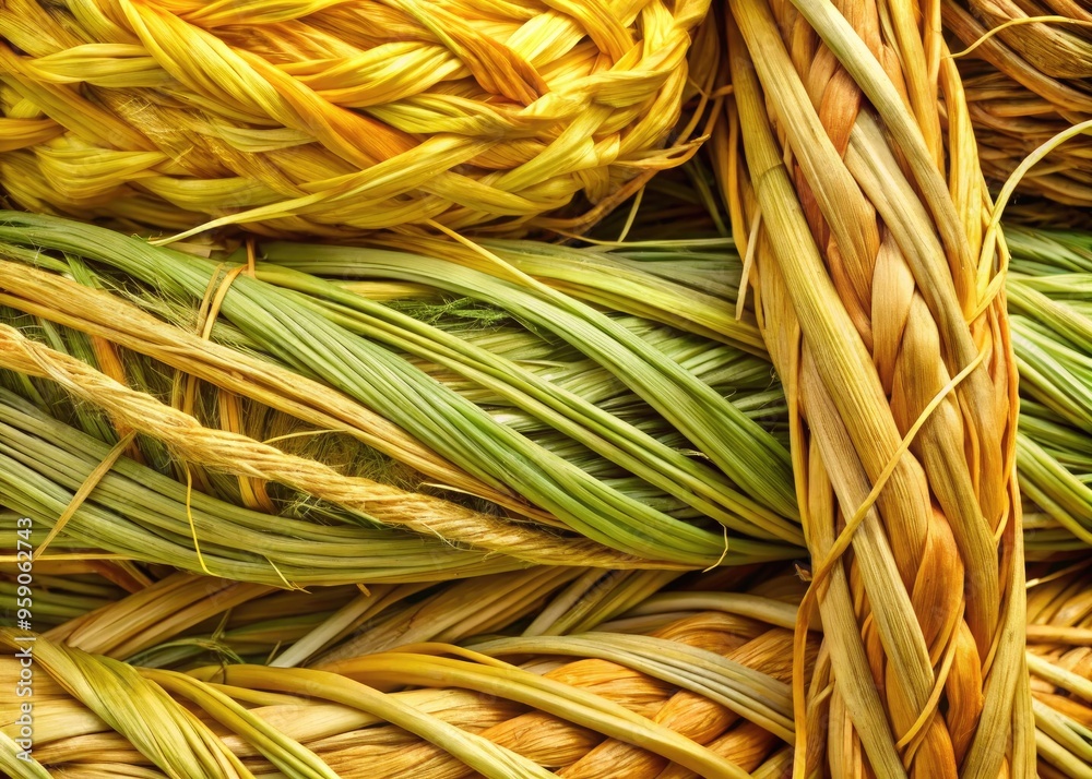 Warmly lit, intricately woven hay strands with varying shades of golden ...