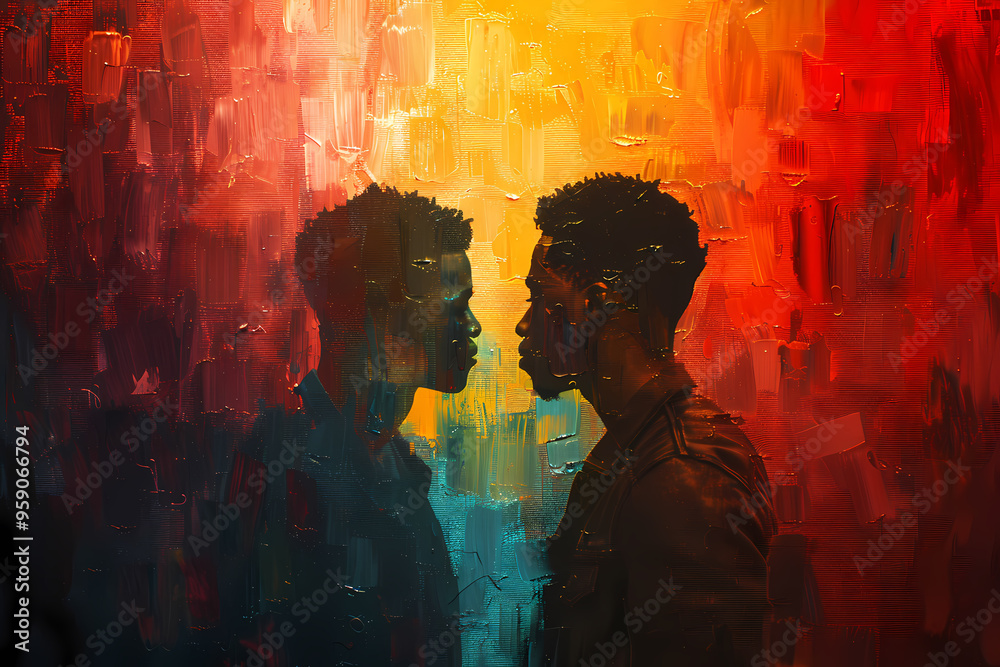 Two young Black men face each other, silhouetted against a vibrant ...