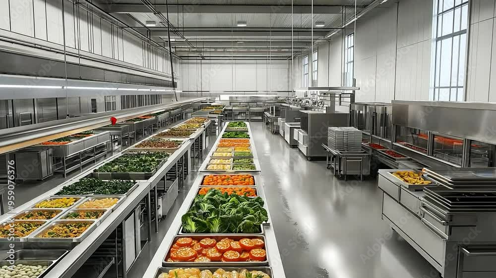 An aerial photograph displaying production lines full of ready-to-eat food products from a ...