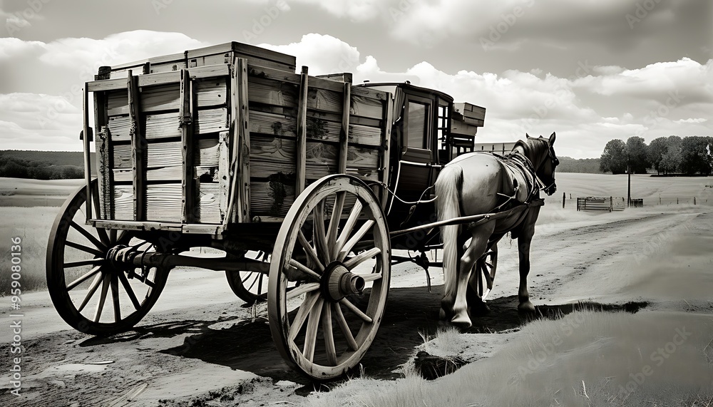 The black-and-white photo shows an old-fashioned carriage loaded with ...
