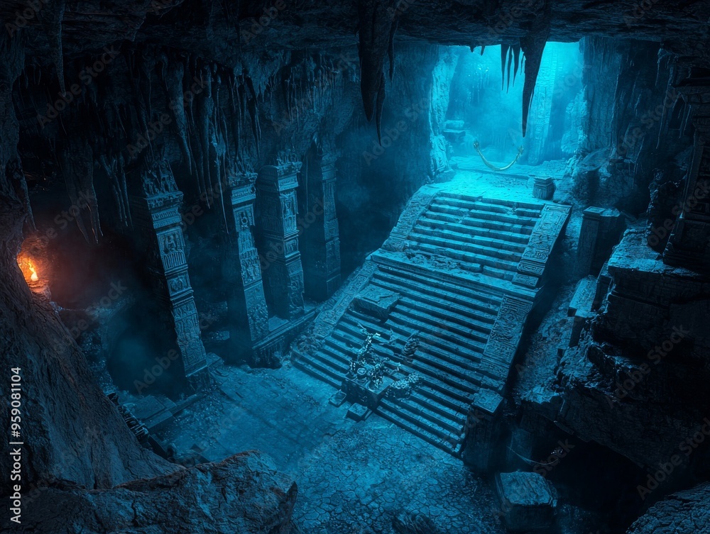 Mysterious ancient stone steps leading to a hidden chamber within a ...