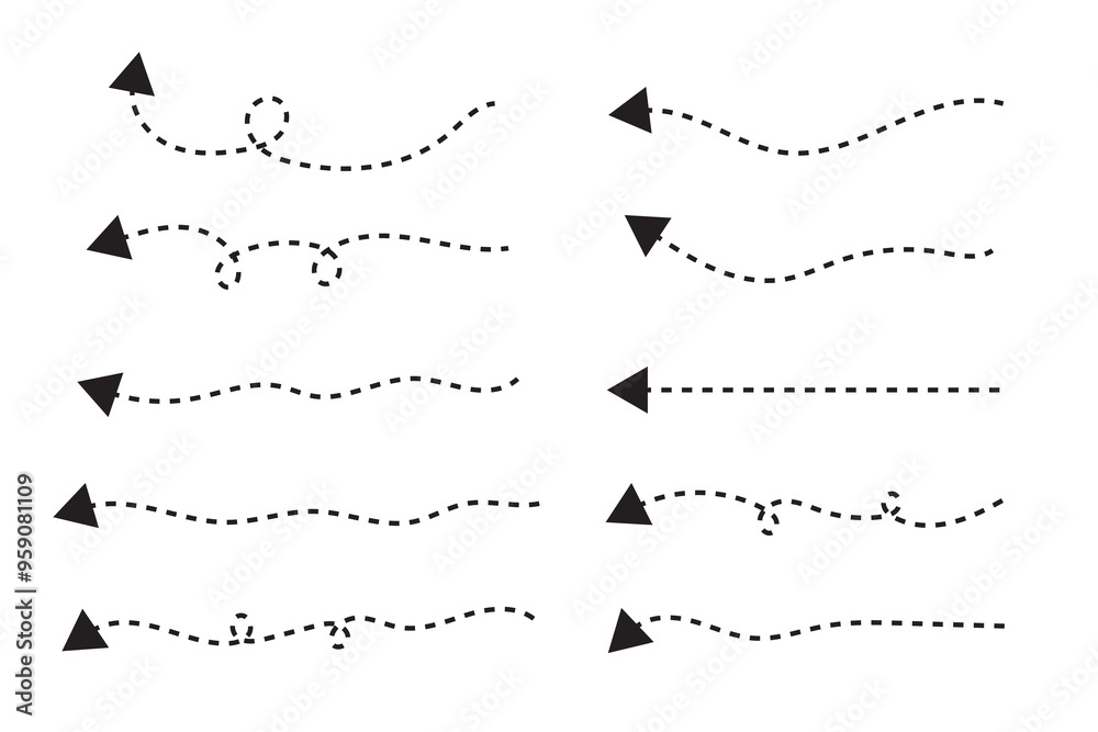 Set of black dotted arrows in doodle style. Broken arrows in the form ...