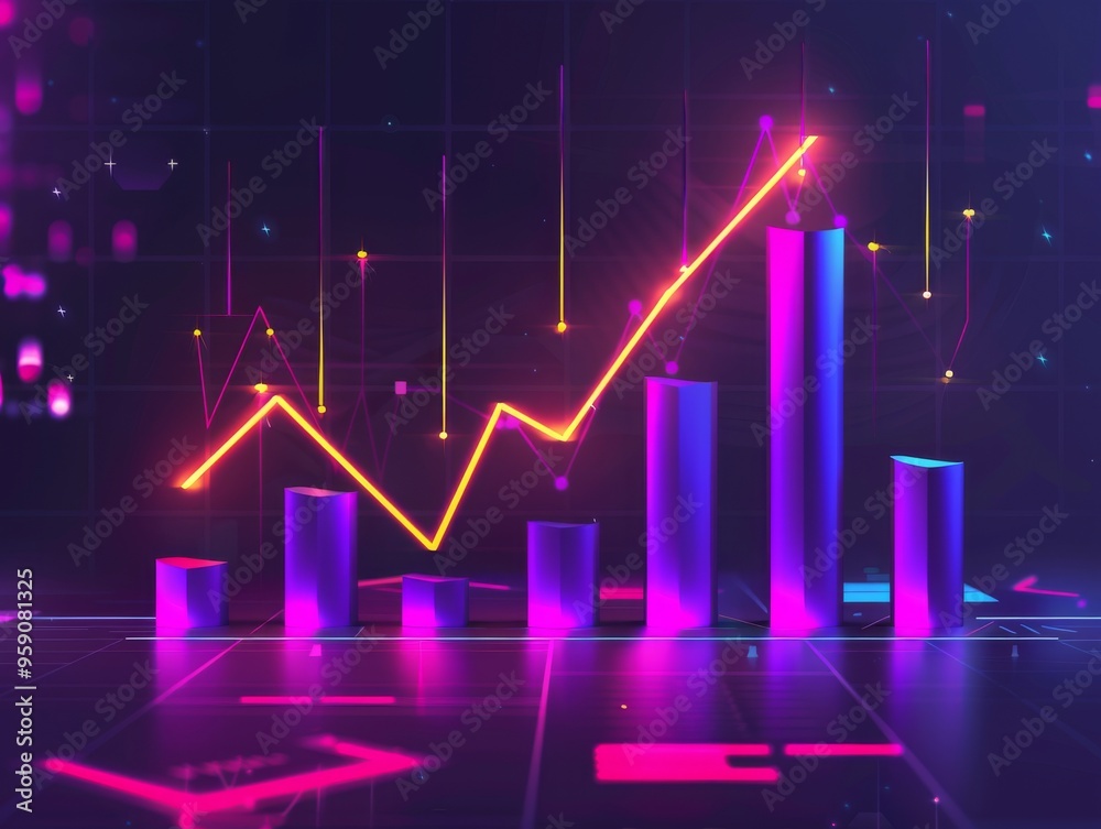 Neon glowing bar chart and line graph, depicting growth and success in ...