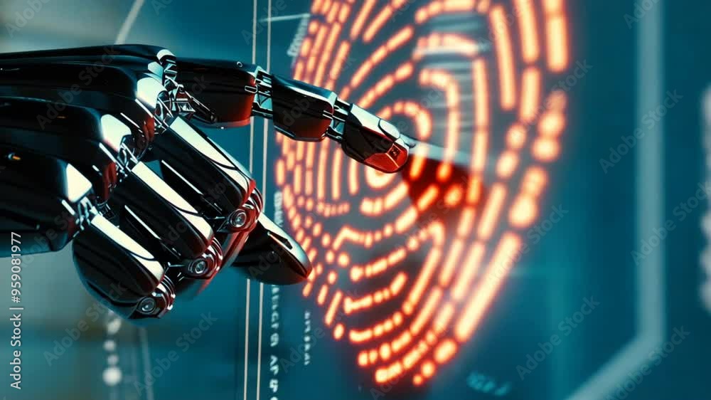A robot is pointing at a blue circle on a screen. The robot is made of ...