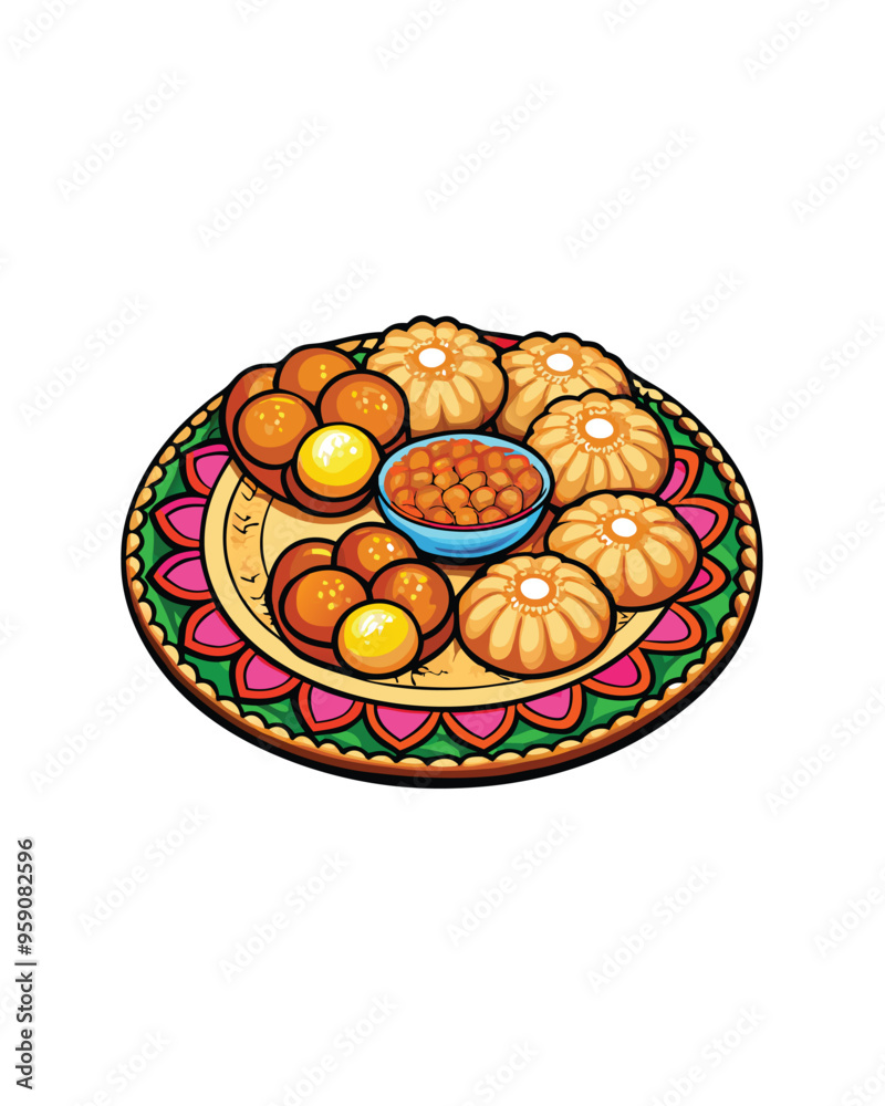 Editable stroke vector of a platter of Holi sweets, including gulab ...
