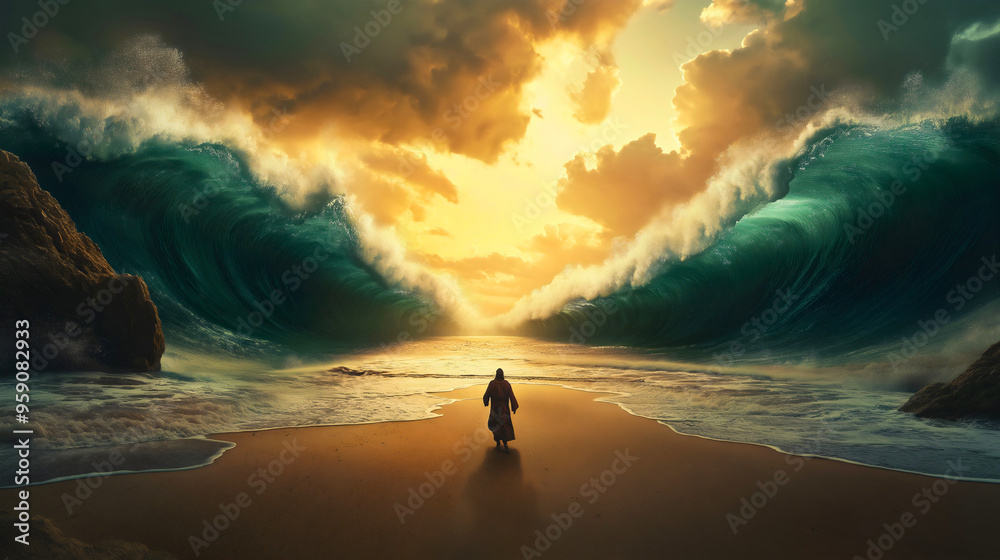 Moses parting the Red Sea. A dramatic depiction of the biblical event ...