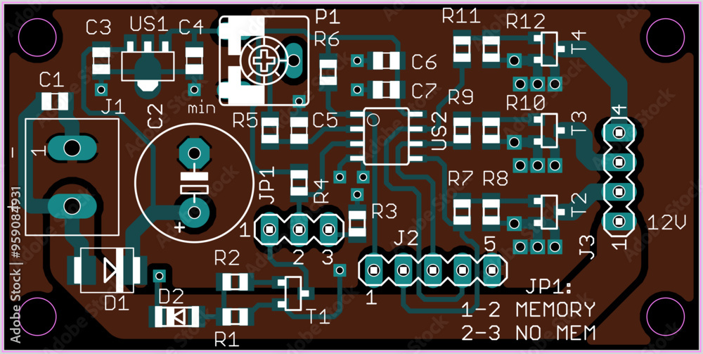 Vector printed circuit board of electronic device with components of ...