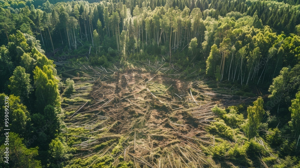 Forest, aerial view. Forest destruction, felling of trees. Illegal ...