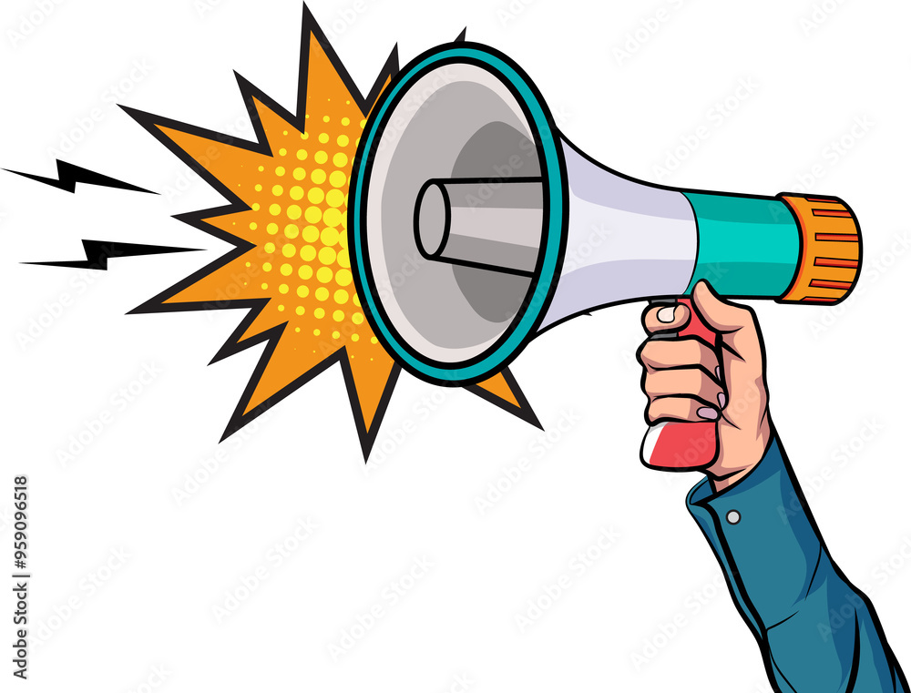 hand holding amplifier megaphone loudspeaker bullhorn in retro pop art ...