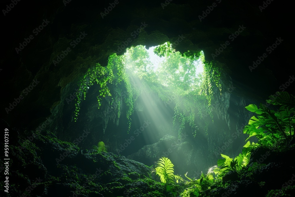 A shaft of sunlight pierces the darkness of a lush, moss-covered cave ...