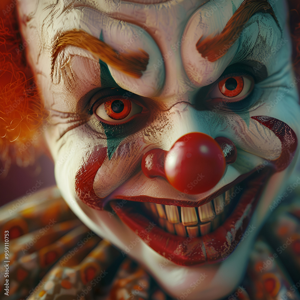 Creepy Clown with a Sinister Smile and Distorted Face in a Dark ...