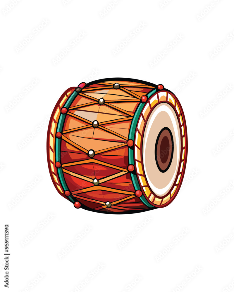 Editable stroke vector illustration of a traditional Indian dhol drum ...