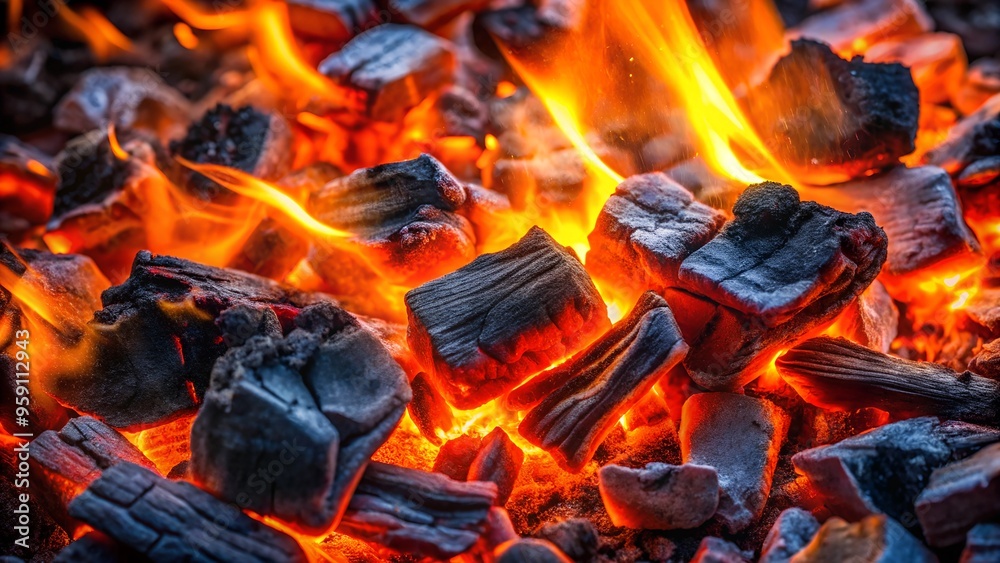 Smoldering coals glowing with intense heat, isolated on a transparent ...