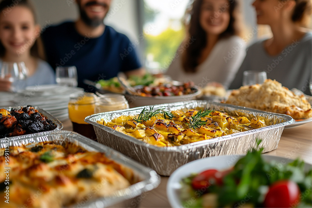 A happy small family gathering at dinner where disposable aluminum food ...