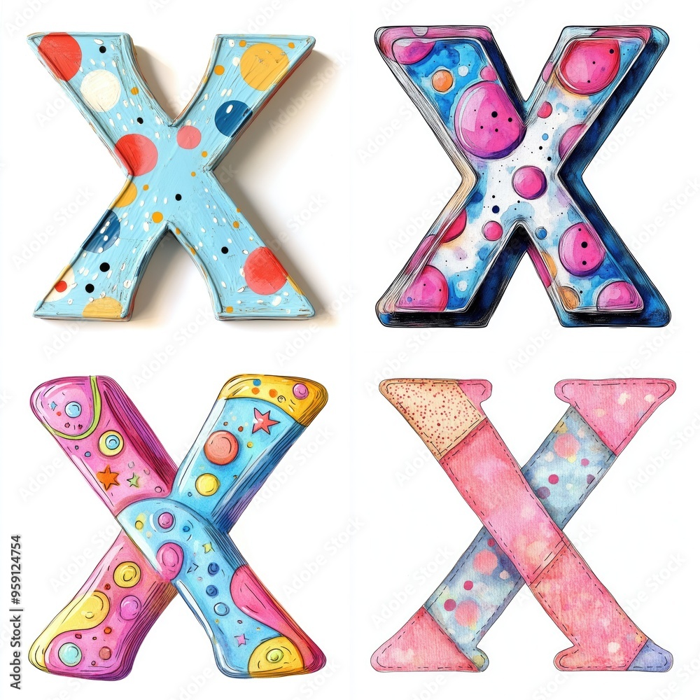 Alphabet Letter X Set Typography Drawing, English ABCs Ornate Design ...
