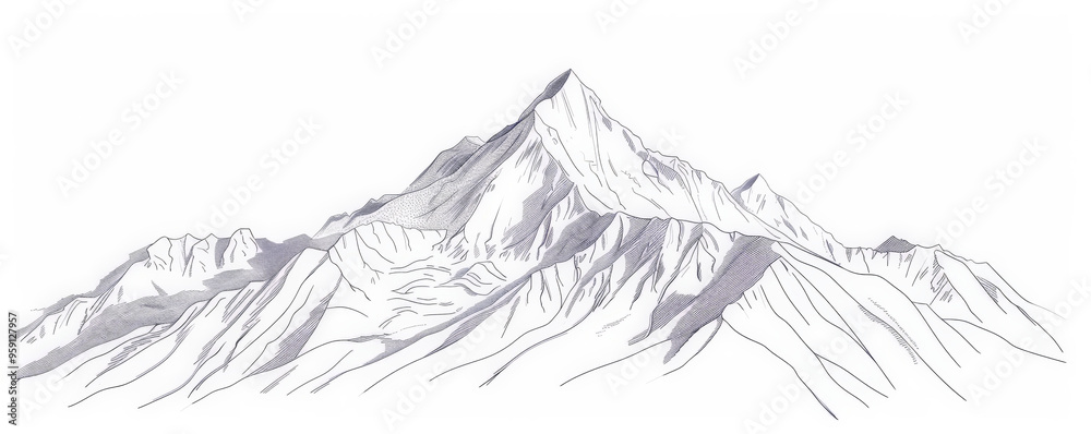 A simple white line drawing of a mountain with peaks and valleys ...