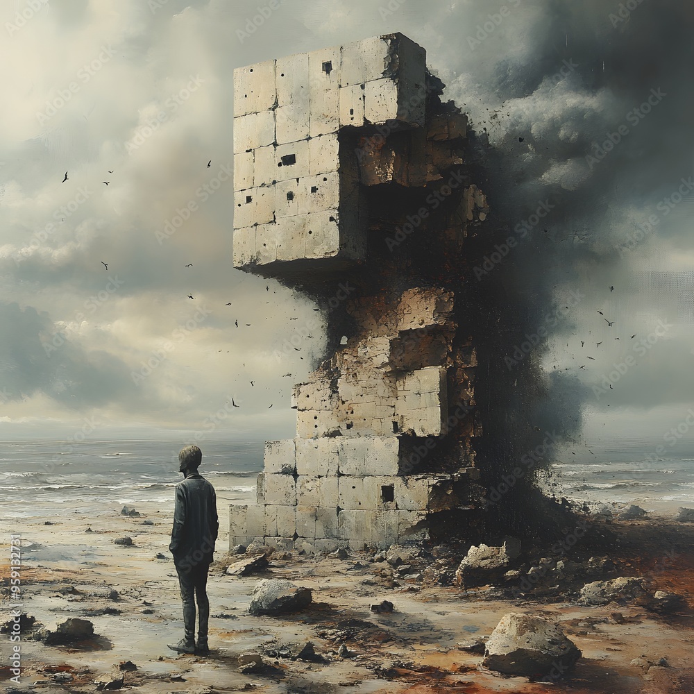 A man stands in front of a large, crumbling stone structure. The sky is ...