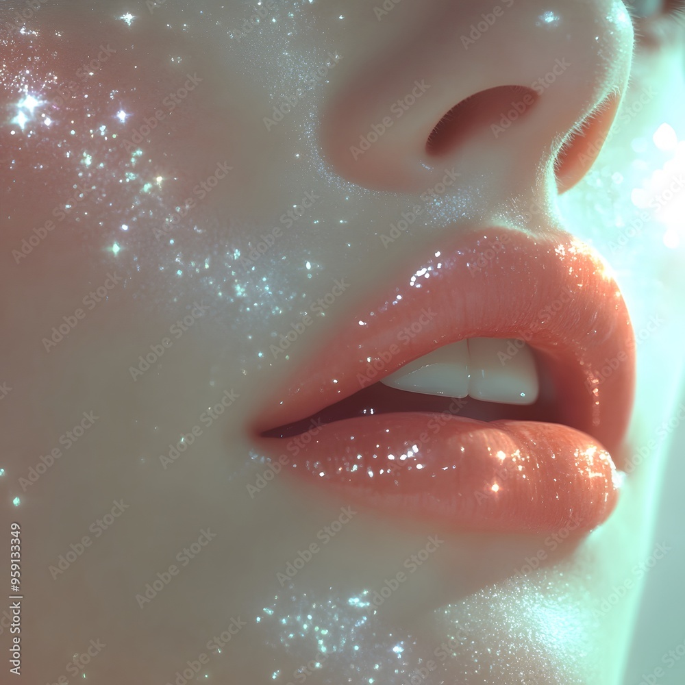A woman's face is covered in glitter, giving it a sparkling and ...