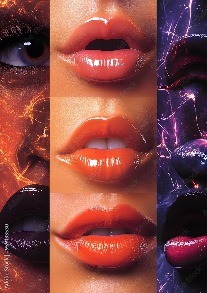 Three different colored lips, each with a different shade of orange ...