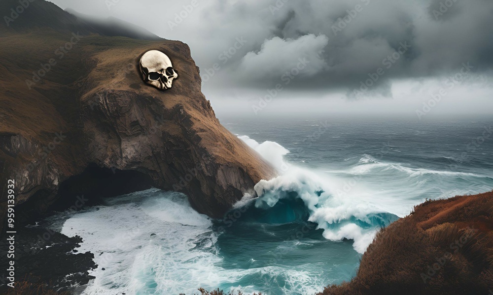 Horror island Skull shape under the water line. Troubled ocean with ...