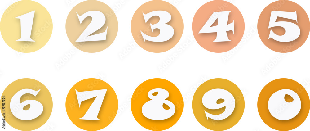 Numbers with shadow on yellow and orange colored circles. Set of ...
