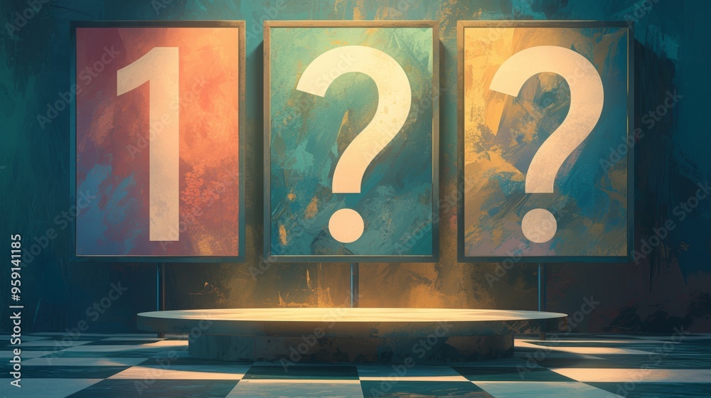Three paintings of a question mark with the numbers 1, 2, and 3 in the ...
