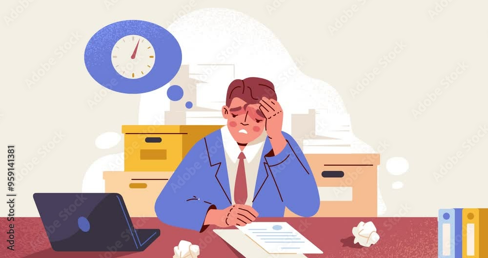 Emotional burnout at work. Moving banner with tired and sad male office ...