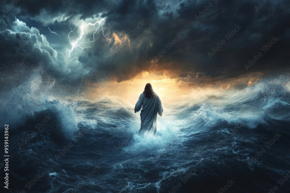 Jesus Christ walking on a stormy sea with dramatic lightning and dark ...