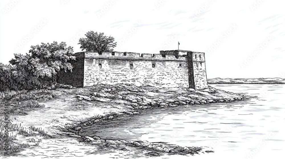Line art illustration of a historic fort created by British colonists ...