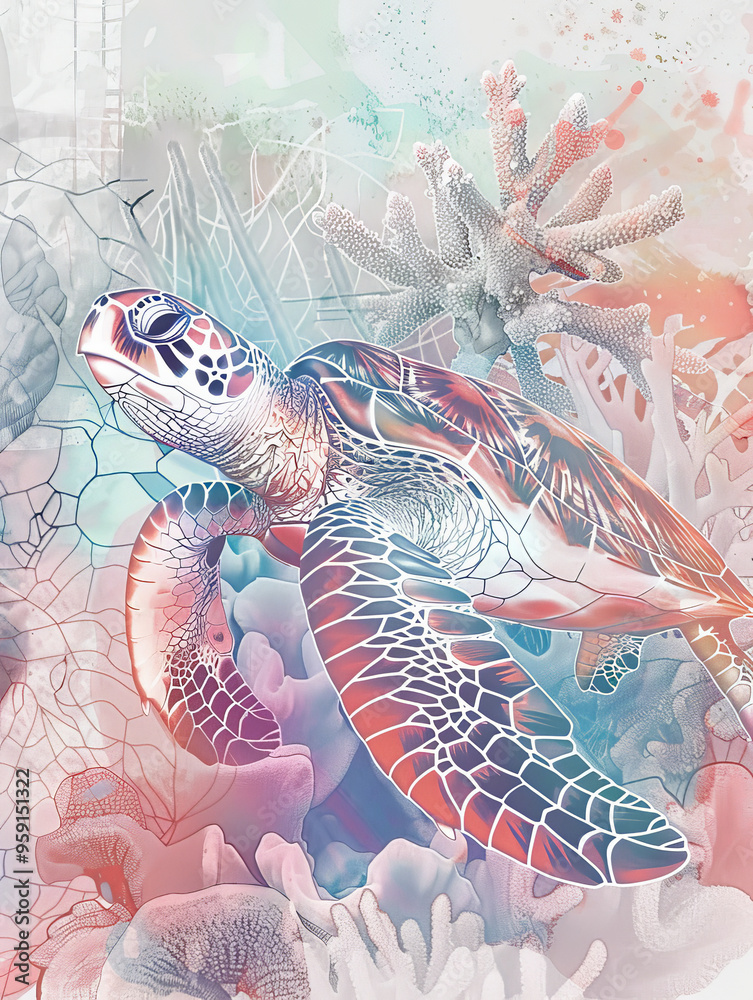 Pure white line art of a turtle on a coral reef textured background ...