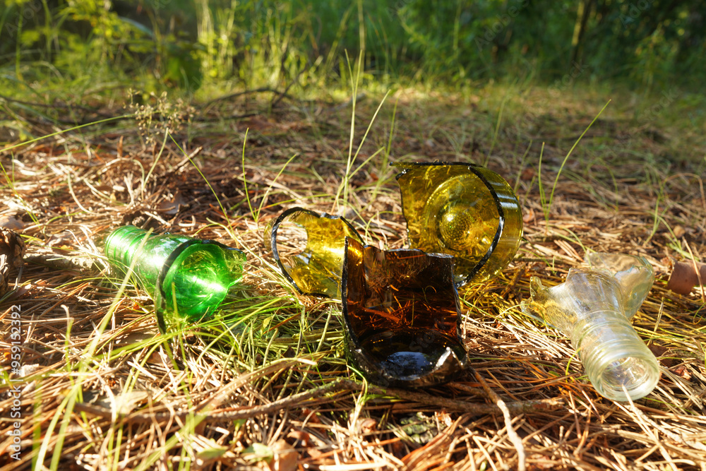 Broken glass bottle on ground. Broken Glass on ground in the forest ...