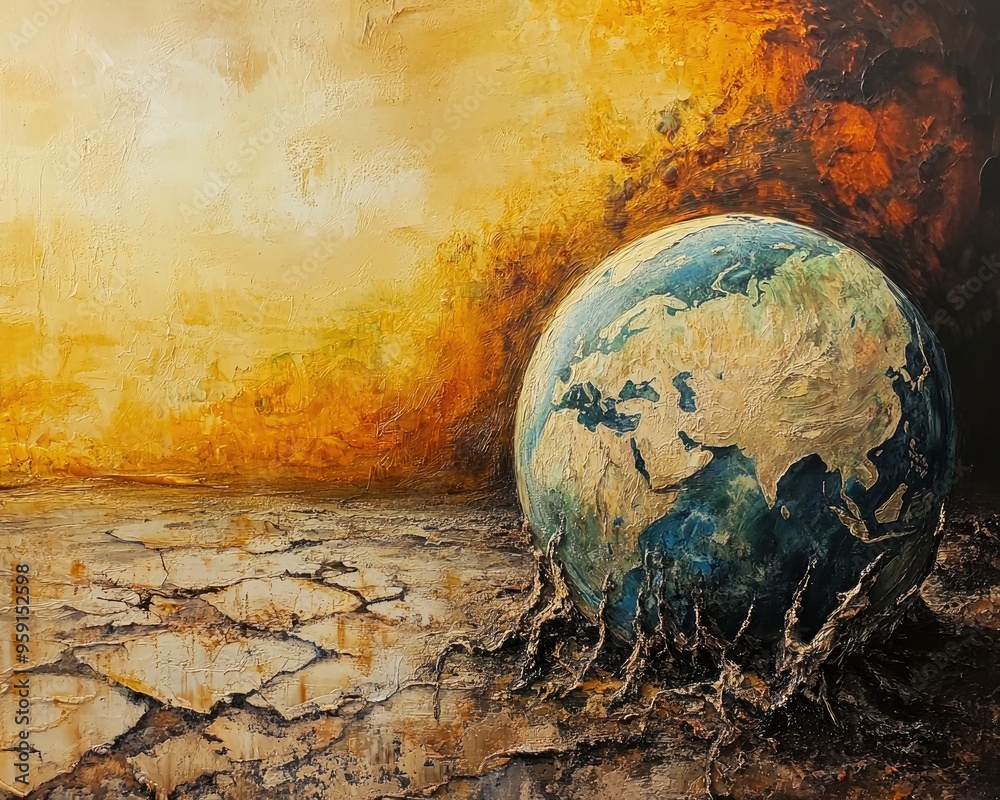Oil painting depicting Earth drought reckless development environmental ...