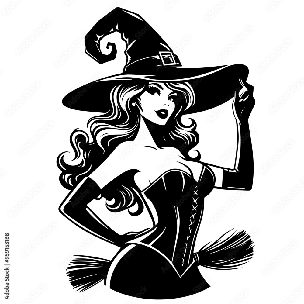 Retro Pin Up Witch Girl Illustration In Halloween Outfit Black And White Vector Graphic Stock