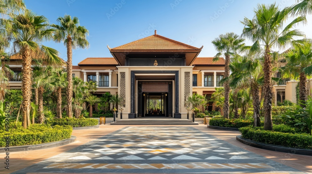 Asian-style entrance with palm trees, opulent exterior facade of ...