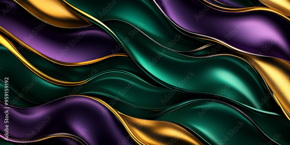 A bold 3D background with twisting ribbons in deep purple, emerald ...