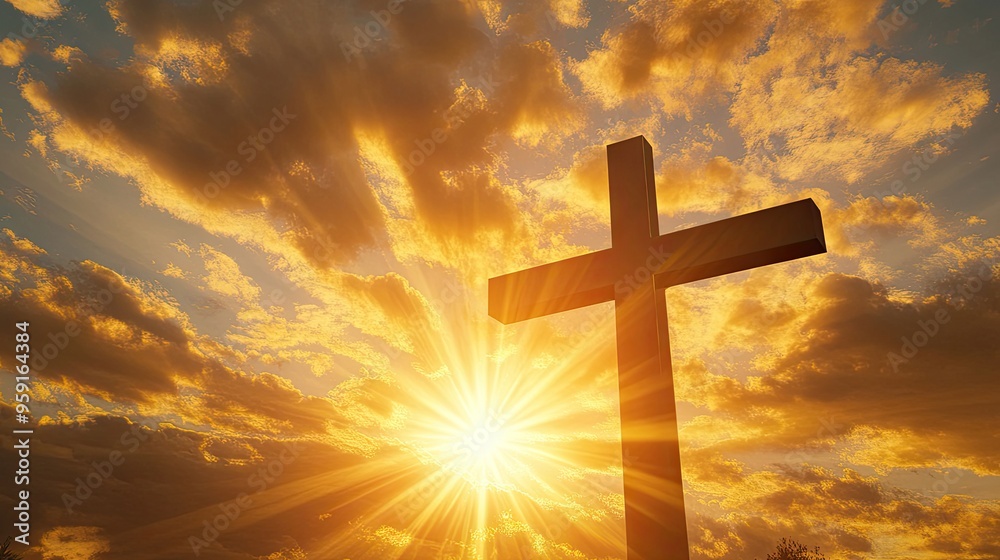 The cross of the Lord standing in the rays of the sun, representing the ...