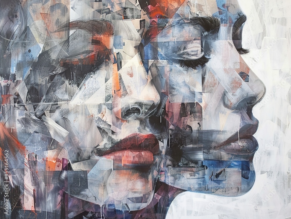 Abstract painting of two faces in profile, one with eyes closed and the ...